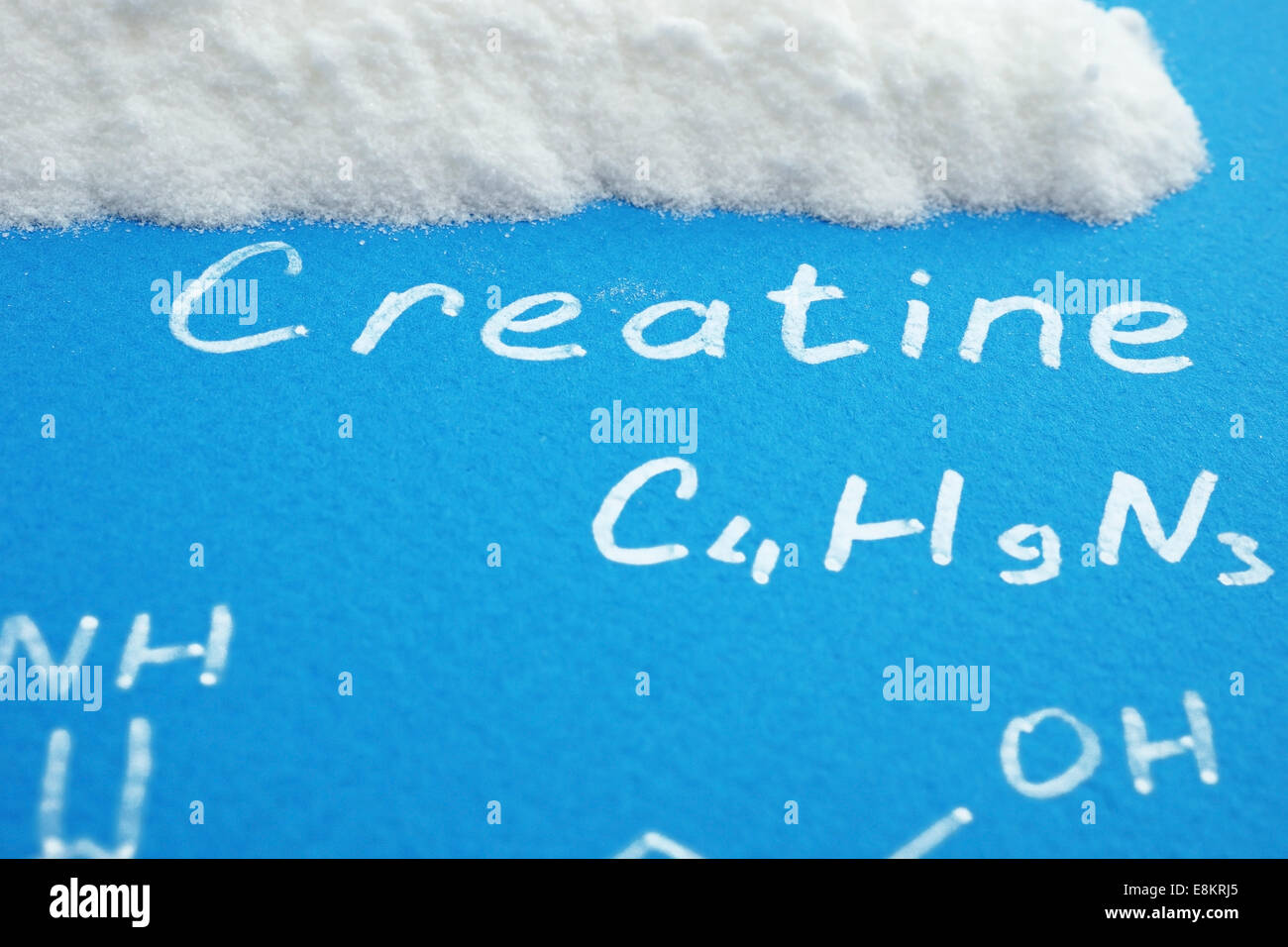 Сreatine powder with chemical formula of creatine on a blue paper Stock ...