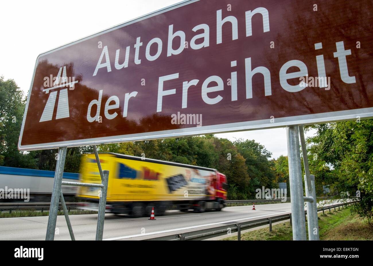A sign which reads 'Autobahn of freedom' is seen at Autobahn A12 in ...