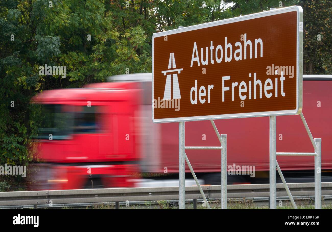 A sign which reads 'Autobahn of freedom' is seen at Autobahn A12 in ...