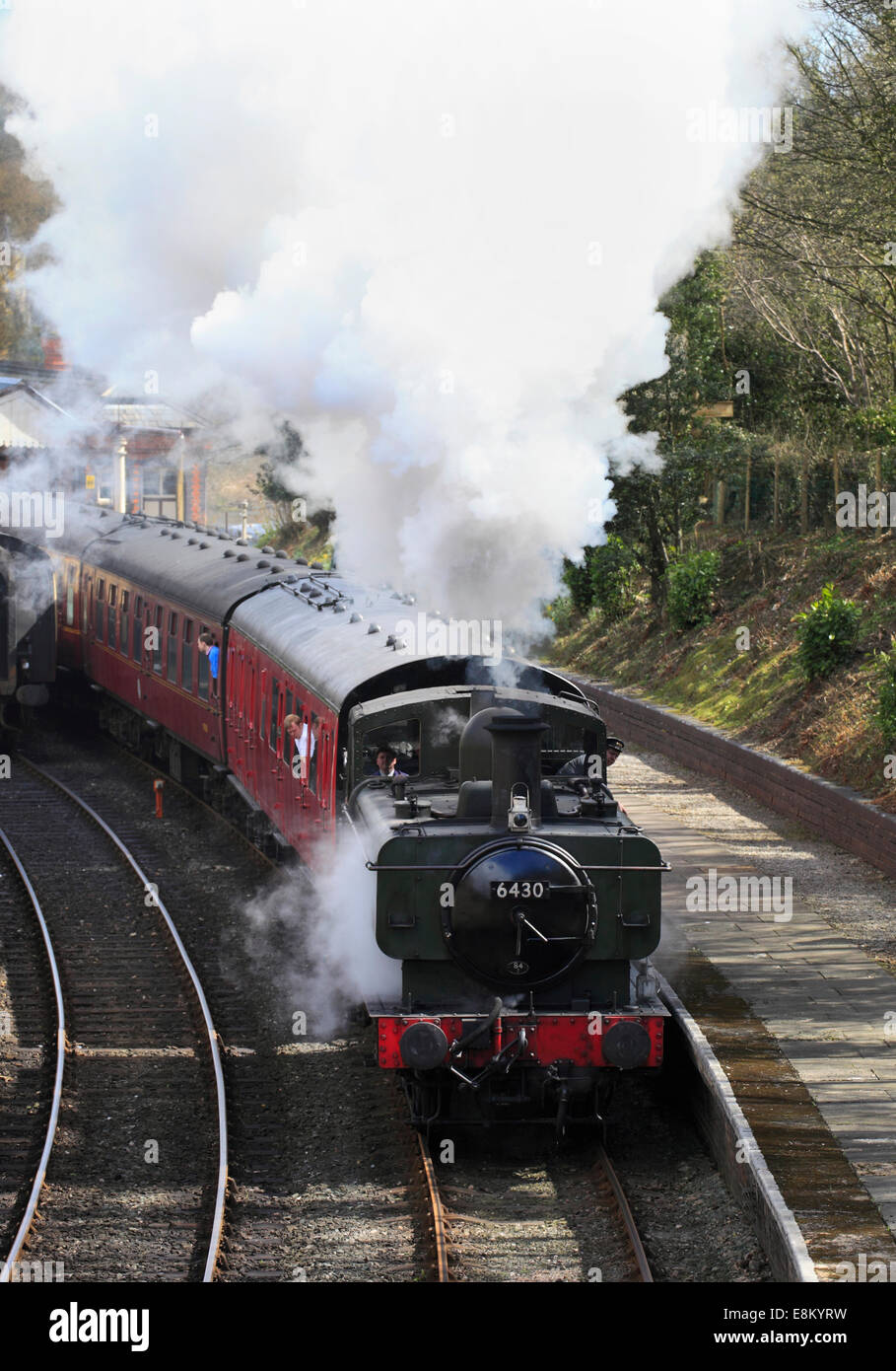 Pannier 0-6-0 tank engine No. 6430 departs Llangollen with an afternoon ...