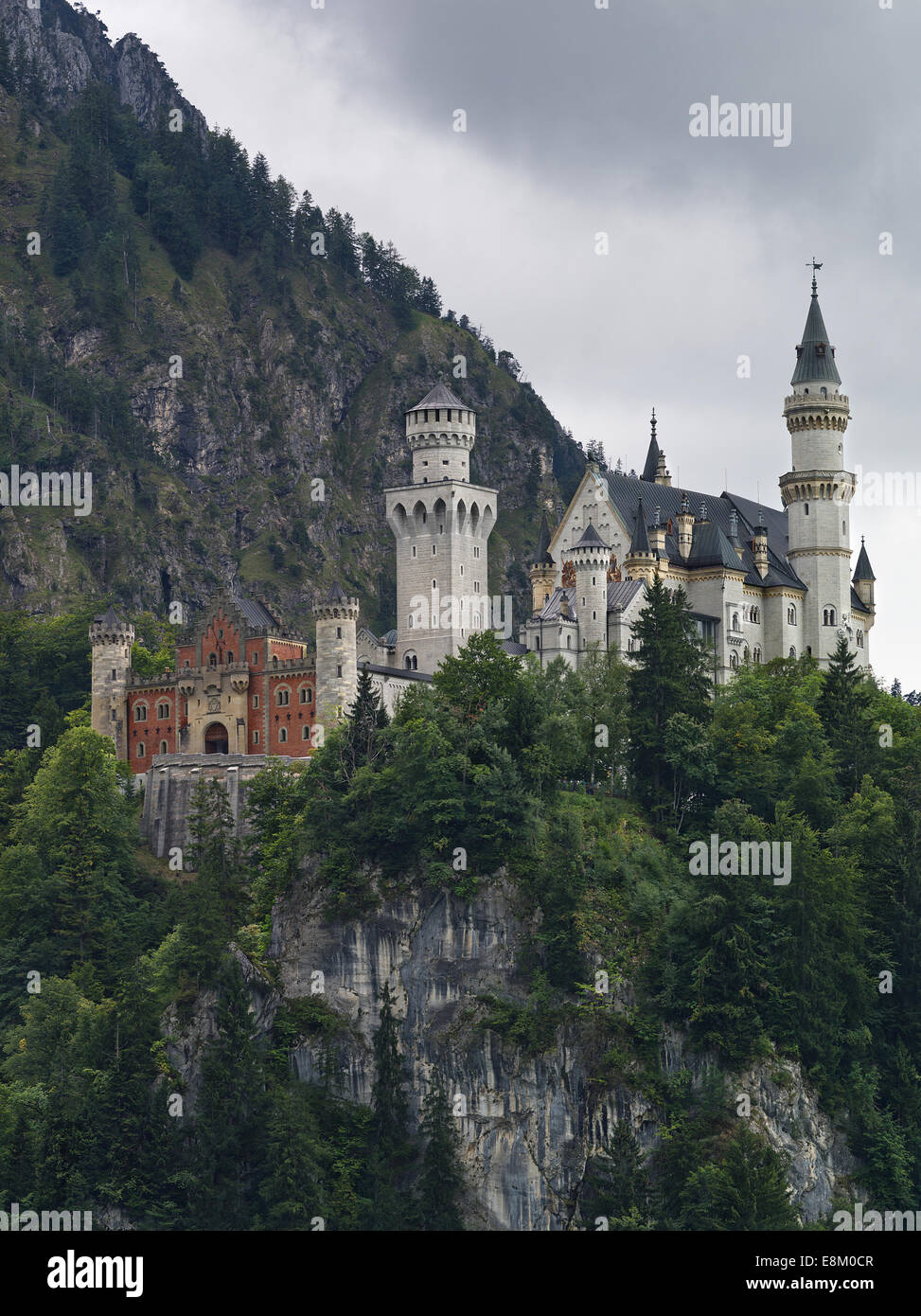 View of the fabulous Bavarian Neuschwanstein Castle located in the Alps ...