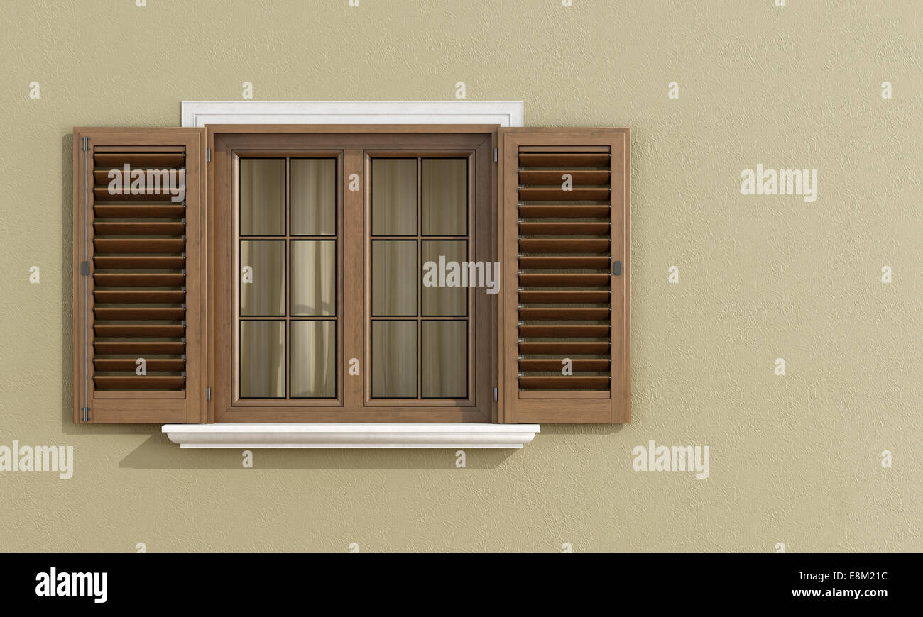 detail of a wooden window with shutters open on beige wall - rendering ...