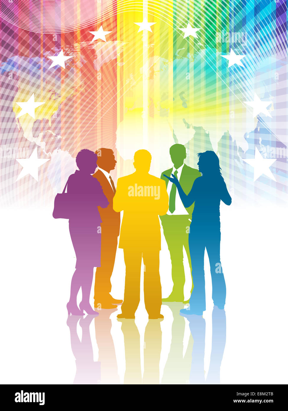 Group of colorful businesspeople standing and talking together Stock ...