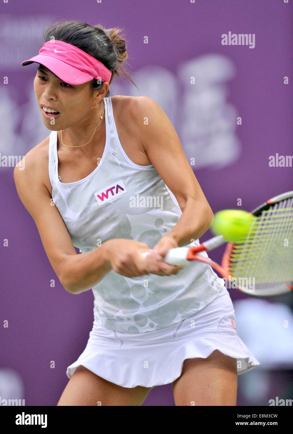 Tianjin, China. 10th Oct, 2014. Hsieh Su-Wei of Chinese Taipei returns ...