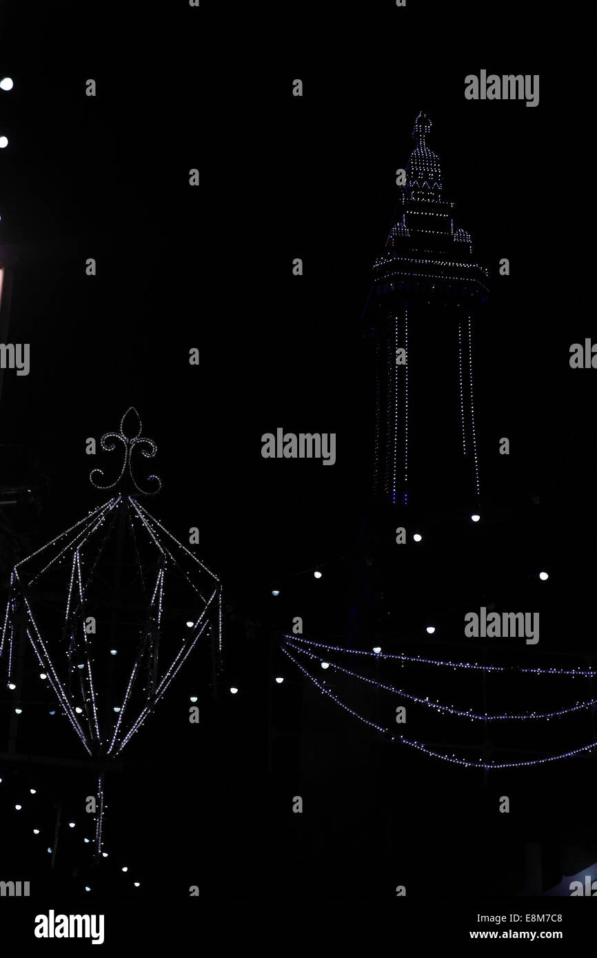 Night portrait illuminated Blackpool Tower rising above diamond 'Bling ...