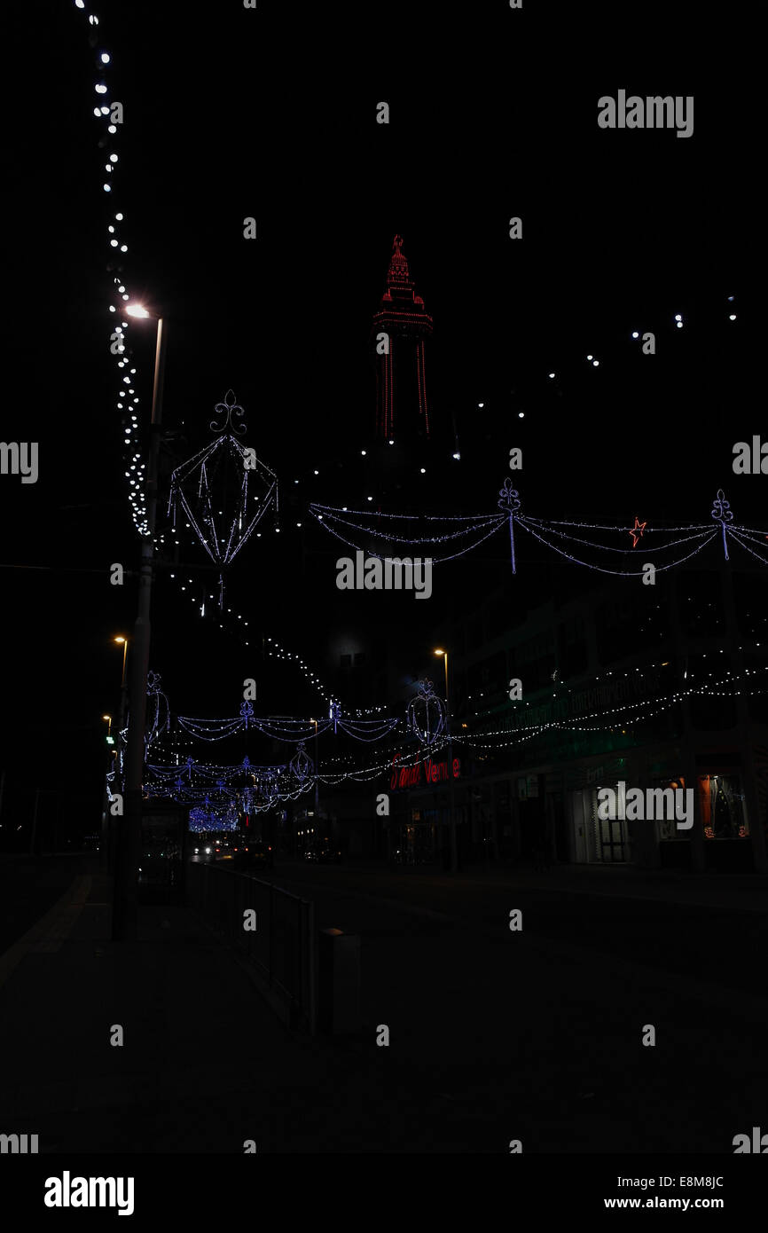 Night portrait, towards red electric lights Blackpool Tower, blue LED ...