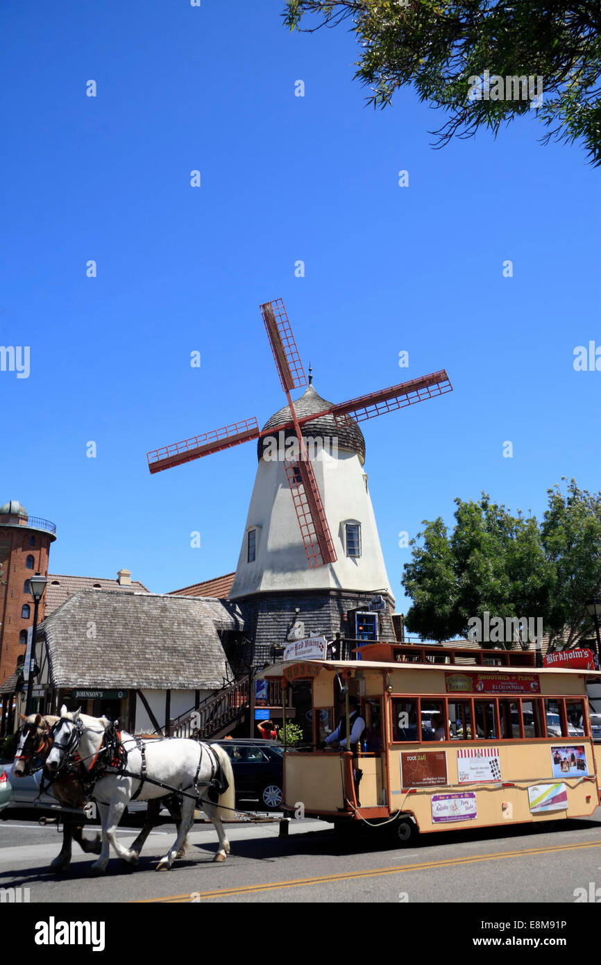 Windmill and carriage in the danish village Solvang, California, USA ...