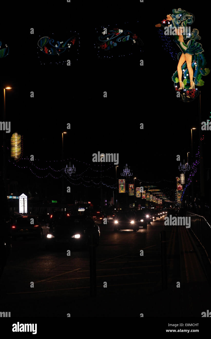 1 illuminated blackpool sign attached lamp post left mid distance hi ...