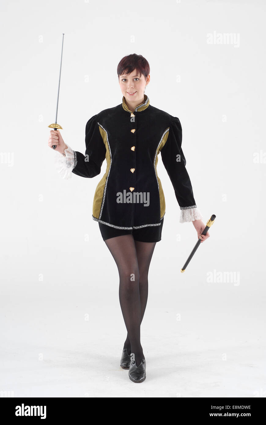 Woman in fancy dress comedy costume as a historical soldier, panto ...