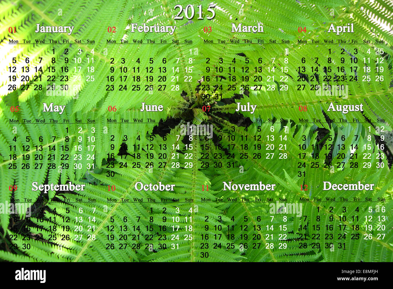 calendar for 2015 year on the background of green fern Stock Photo - Alamy