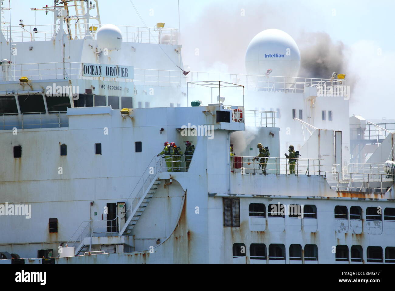 The vessel Ocean Drover on fire at the Port of Fremantle. This vessel ...