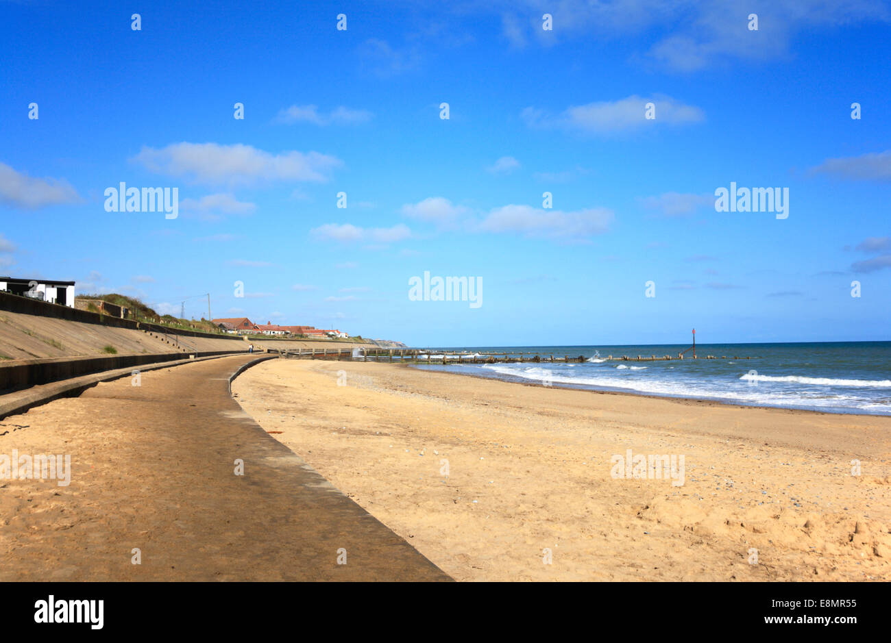 A view of the beach and seawall at Bacton on Sea, Norfolk, England ...