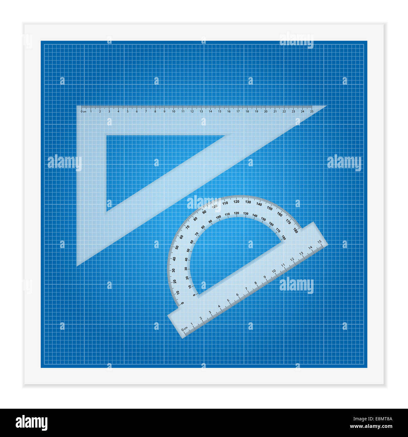 Blueprint and ruler instruments on a white background Stock Photo - Alamy