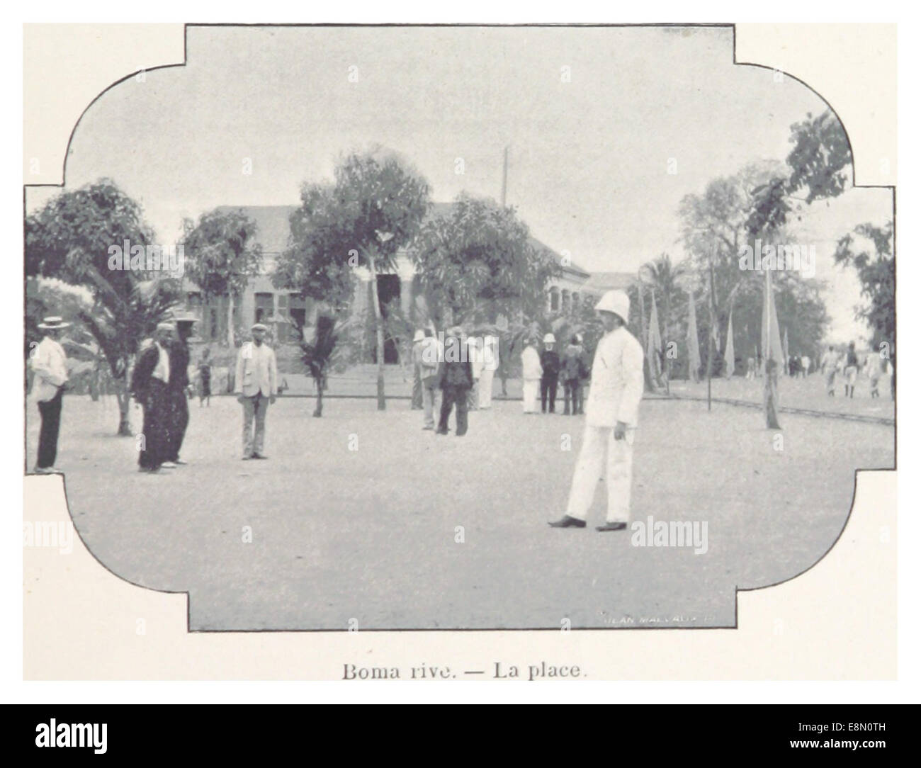 This 195 illustration depicts a public square in Boma Rive, showing the ...