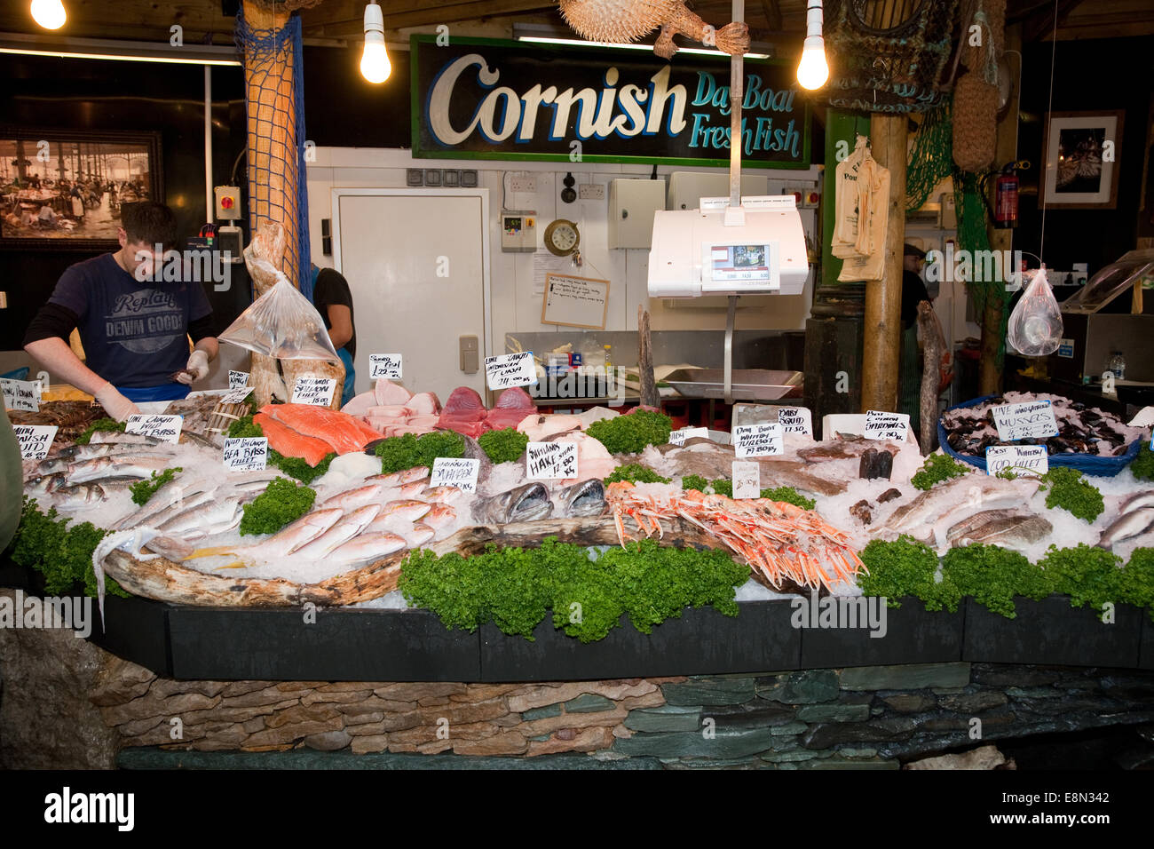 Cornish fresh fish for sale on a stall in Borough Market London Stock ...