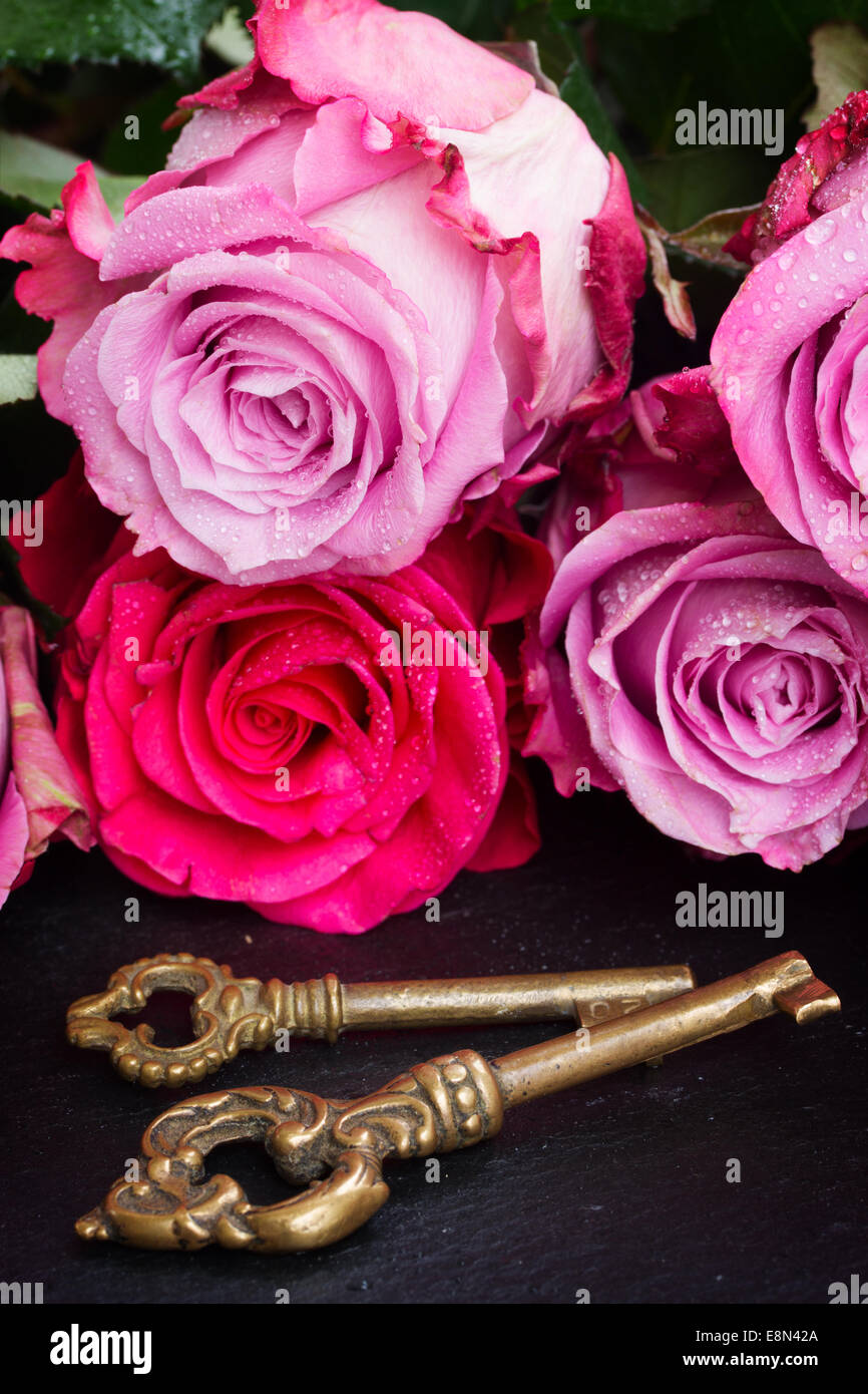 Key with pink roses Stock Photo - Alamy