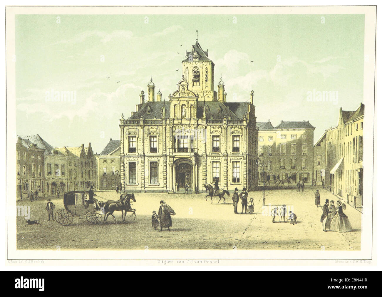 The 1858 map of Delft features an illustration of the Stadhuis (Town ...