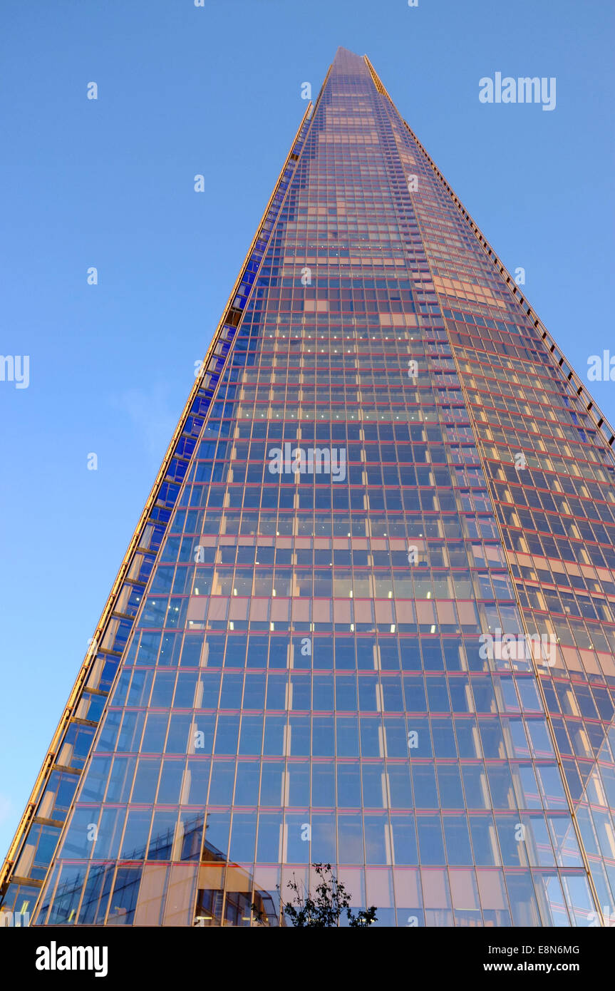 The Shard building in London reflects the pink sunset golden hour glow ...