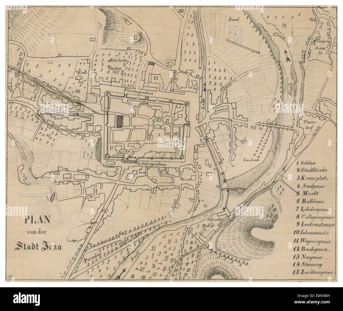 This vintage illustration shows the city plan of Jena, Germany ...