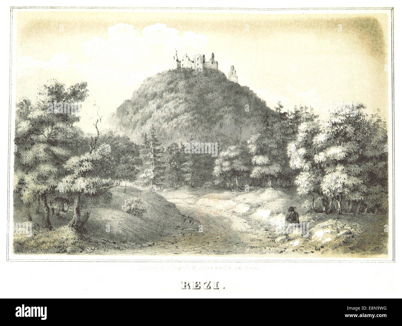This 1851 sketch by SZ Balatoni shows the village of Rezi, situated ...