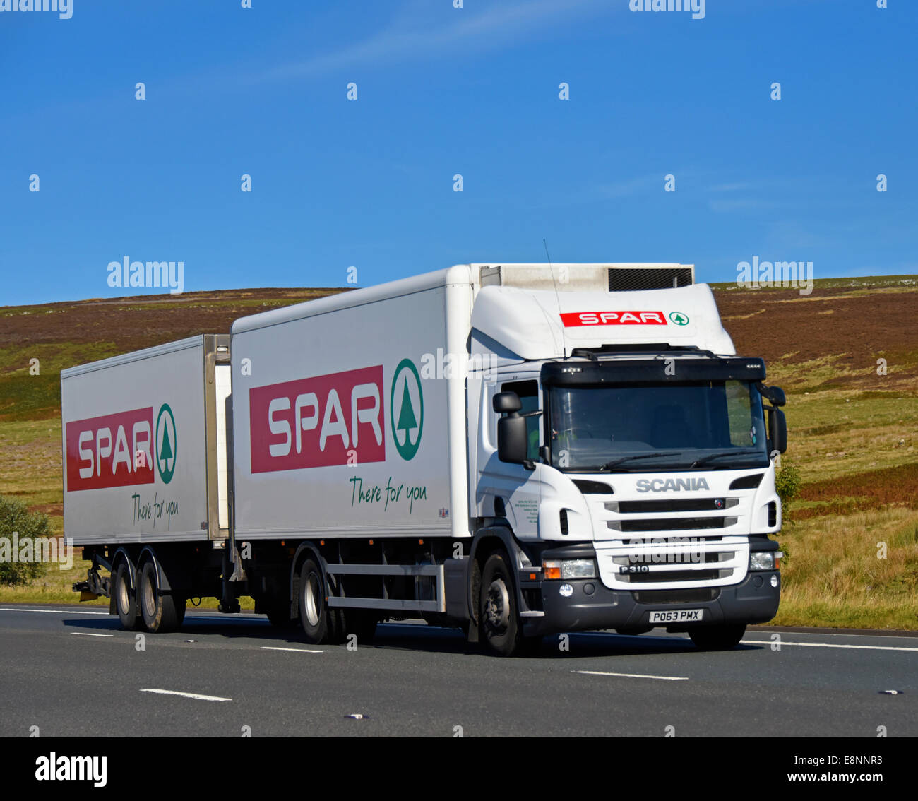 Spar HGV with trailer. M6 Motorway, southbound. Shap, Cumbria, England ...