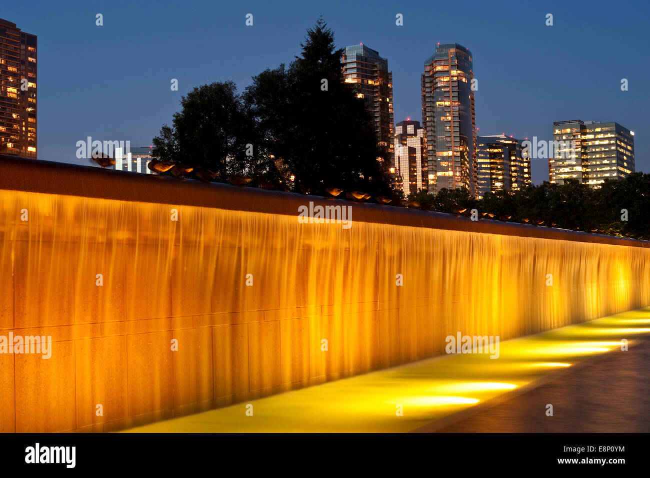 Bellevue skyline from downtown city park with fountain and waterfall at ...