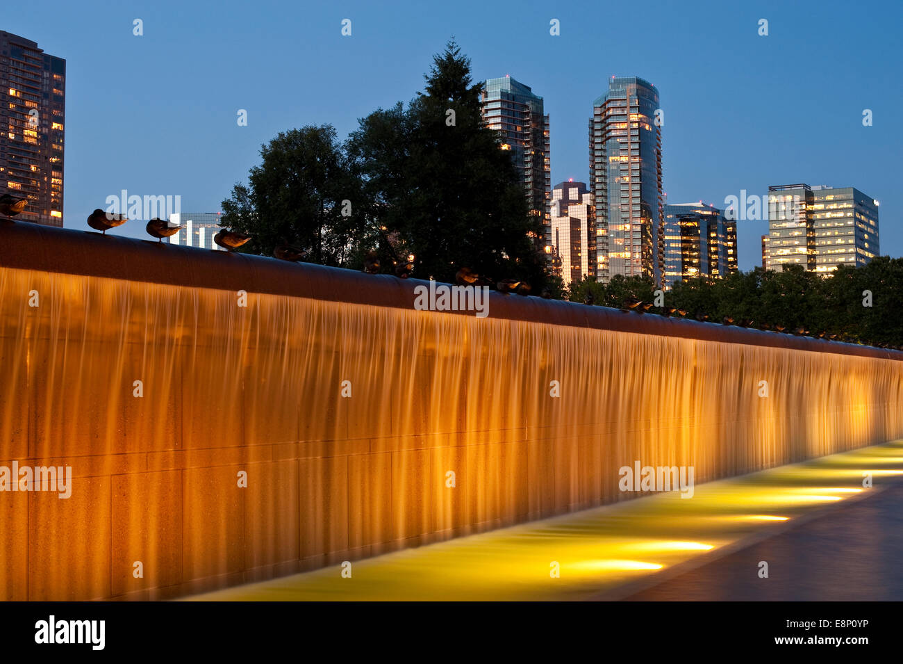 Bellevue skyline from downtown city park with fountain and waterfall at ...