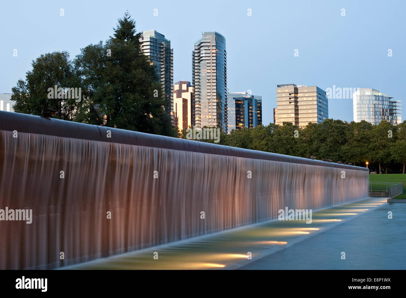 Bellevue skyline from downtown city park with fountain and waterfall at ...