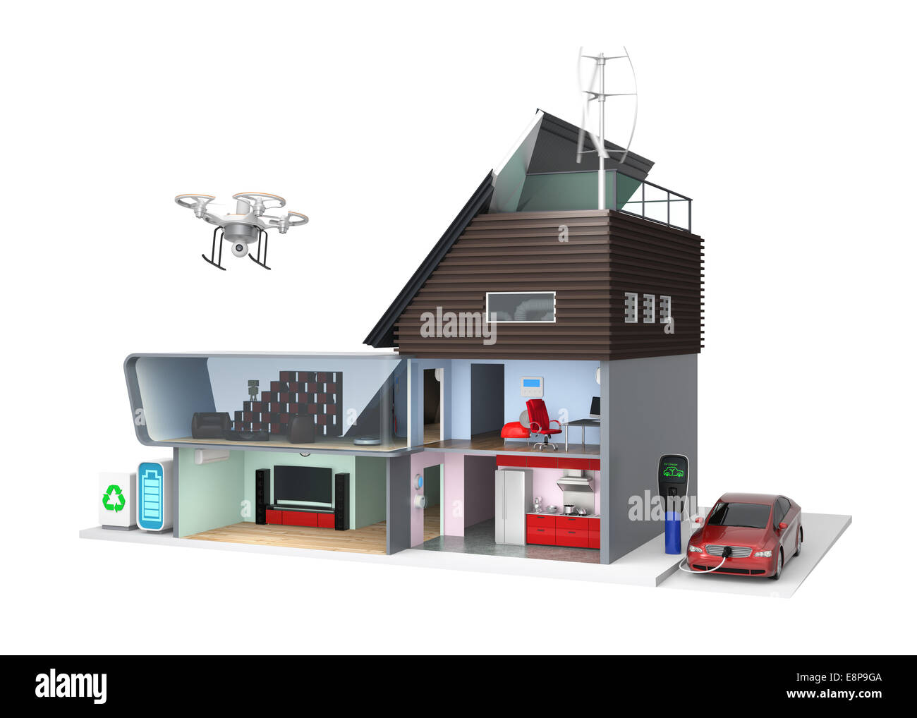 Smart house with energy efficient appliances, solar panels and wind ...