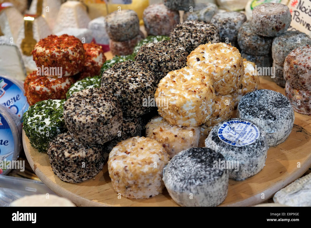 goats cheese on market stall, normandy, france Stock Photo - Alamy