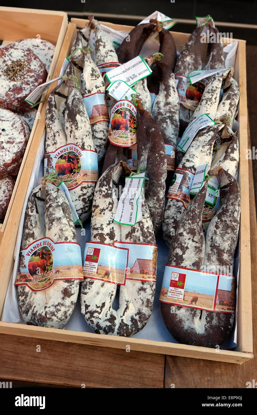 beef sausages on market food stall, normandy, france Stock Photo - Alamy