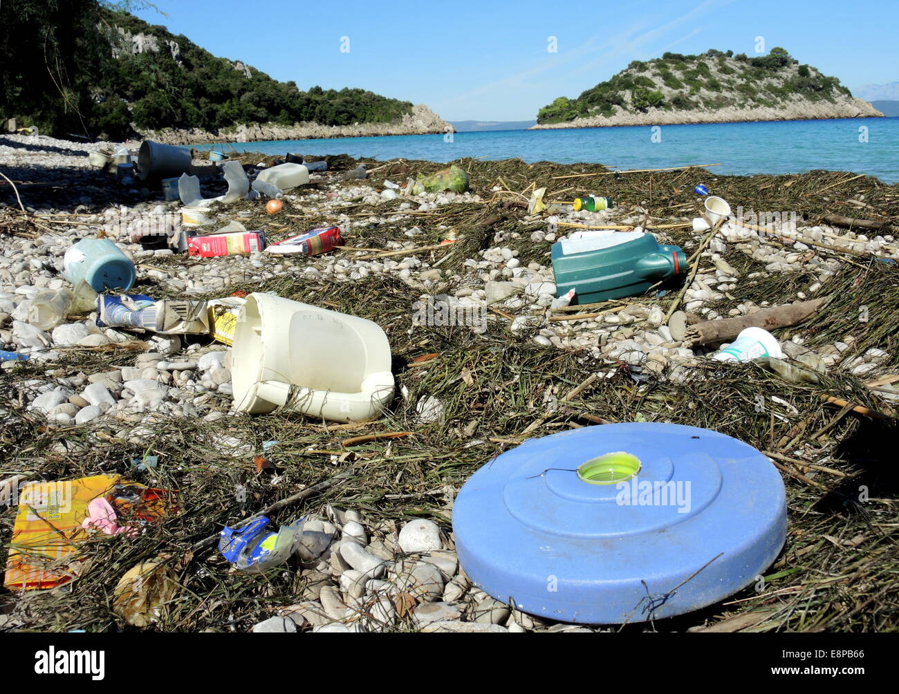 Washed up plastic waste on a beach along the coast of the croatian ...
