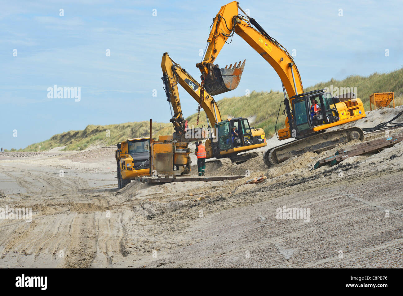 Coastal protection measures with diggers by the dunes and the revetment ...