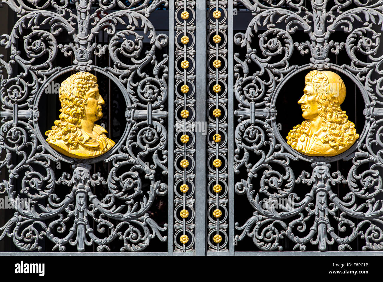 Wrought iron gate with gold crest, on Royal theater, on the Grand Place ...