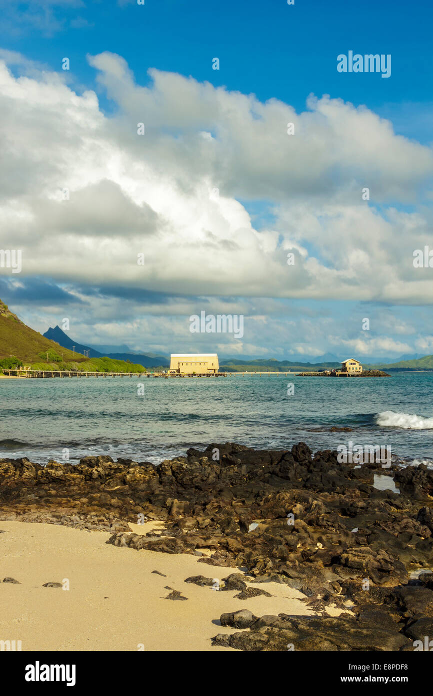 View of Makai Research Pier in Waimanalo Bay with Koolau mountain range ...