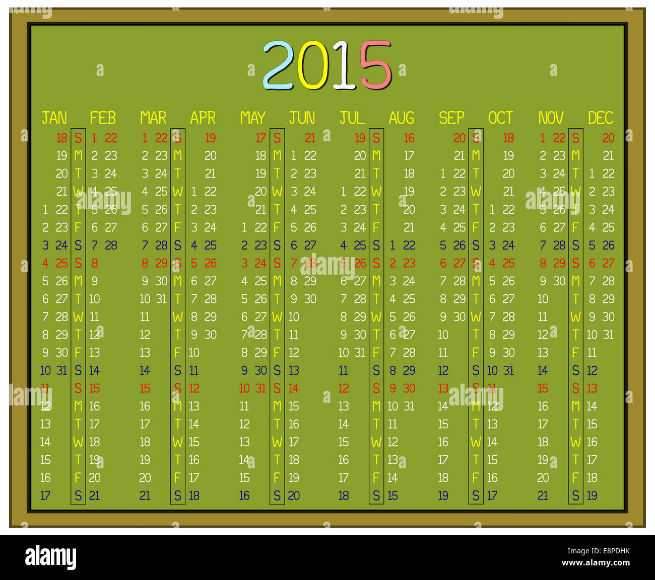 An illustration of a calendar for the year 2015 on a green blackboard ...