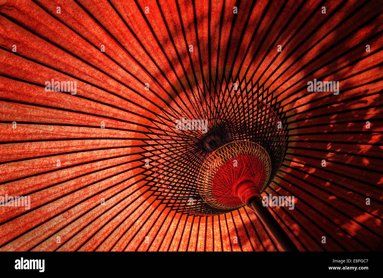 Close up detail of a red paper Japanese Wagasa umbrella parasol with ...