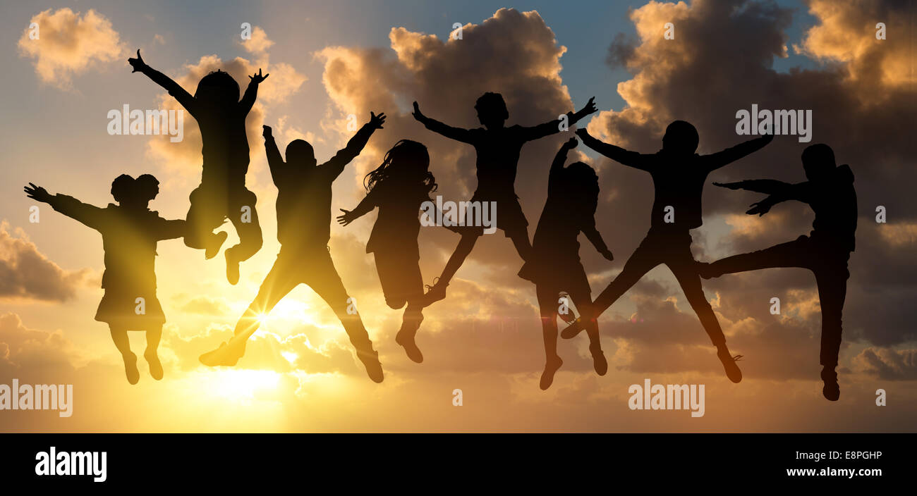 Children jumping for joy silhouette hi-res stock photography and images ...
