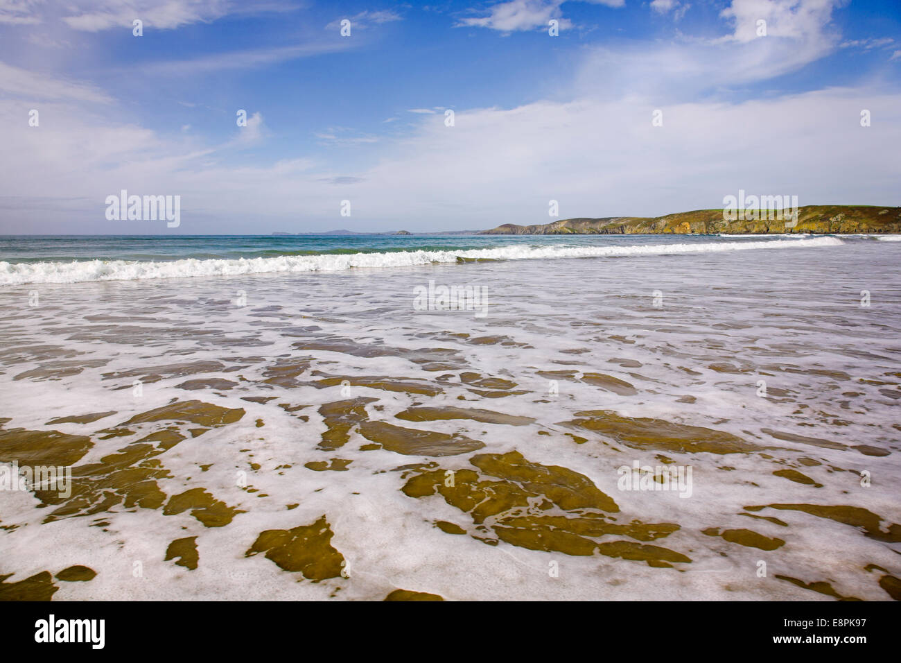 Shallow water on the foreshore of Newgale beach, Pembrokeshire Stock ...
