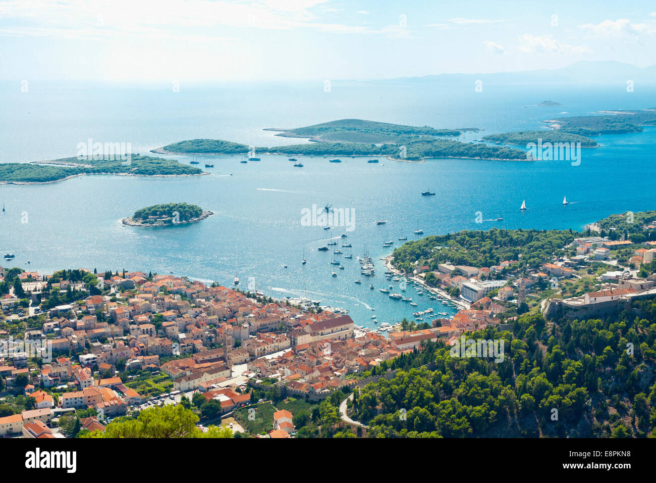 Town of Hvar and Pakleni islands view from Napoleonic fort, Hvar island ...