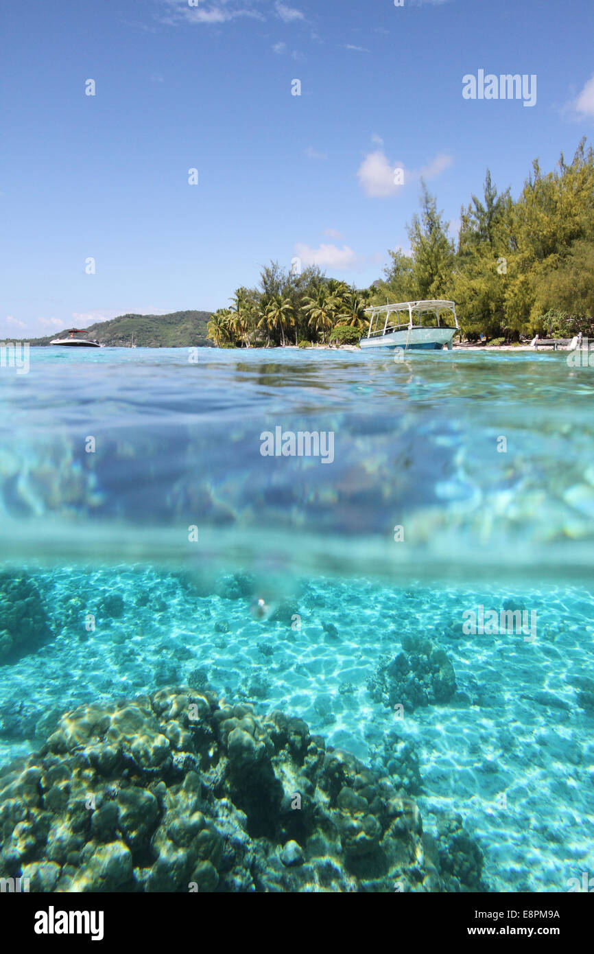 over and underwater view of tropical island with boat Stock Photo - Alamy