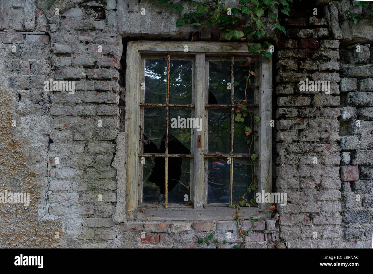 Window in a derelict brick wall of an old house Stock Photo - Alamy
