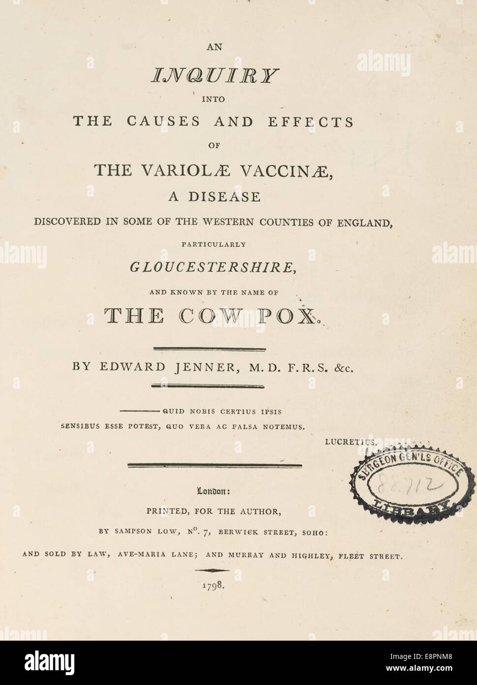 A historical image showing the title page of Edward Jenner's 1798 work ...