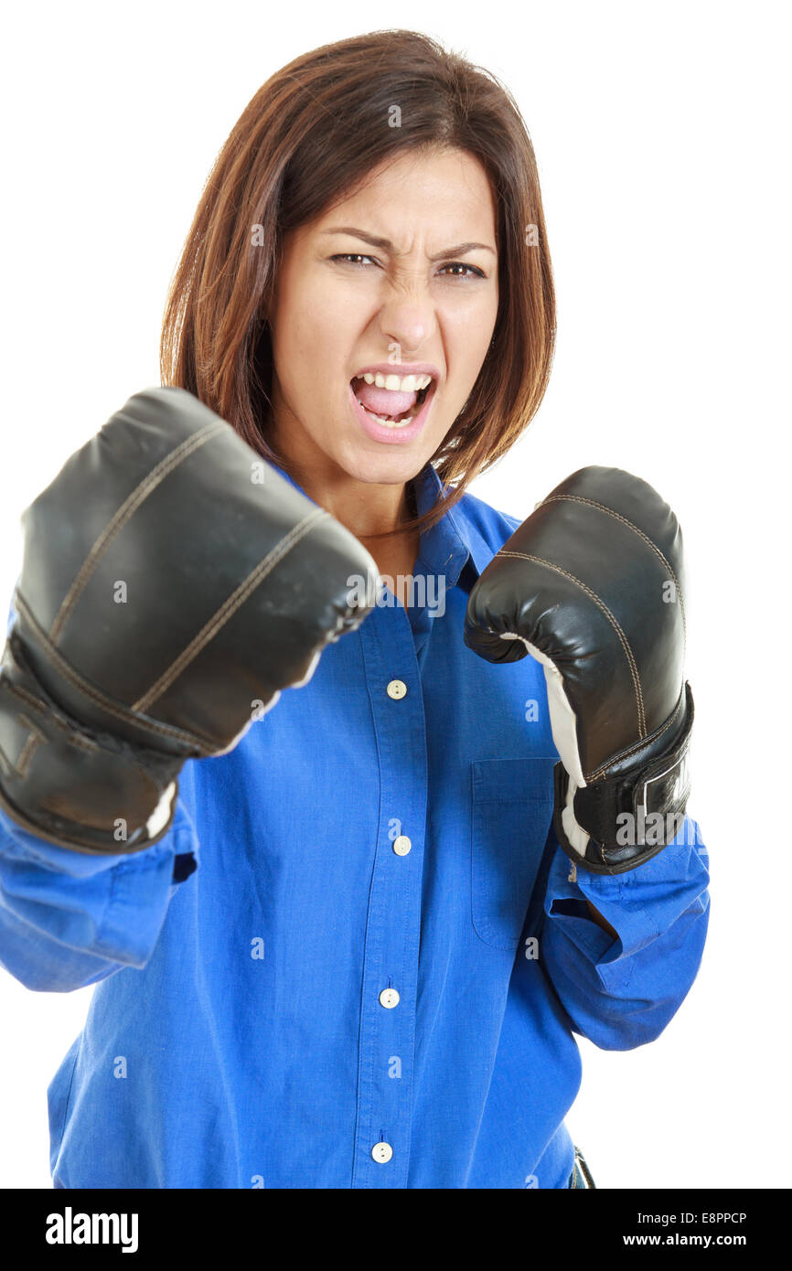 Fearless and furious young businesswoman in boxing concept with black ...