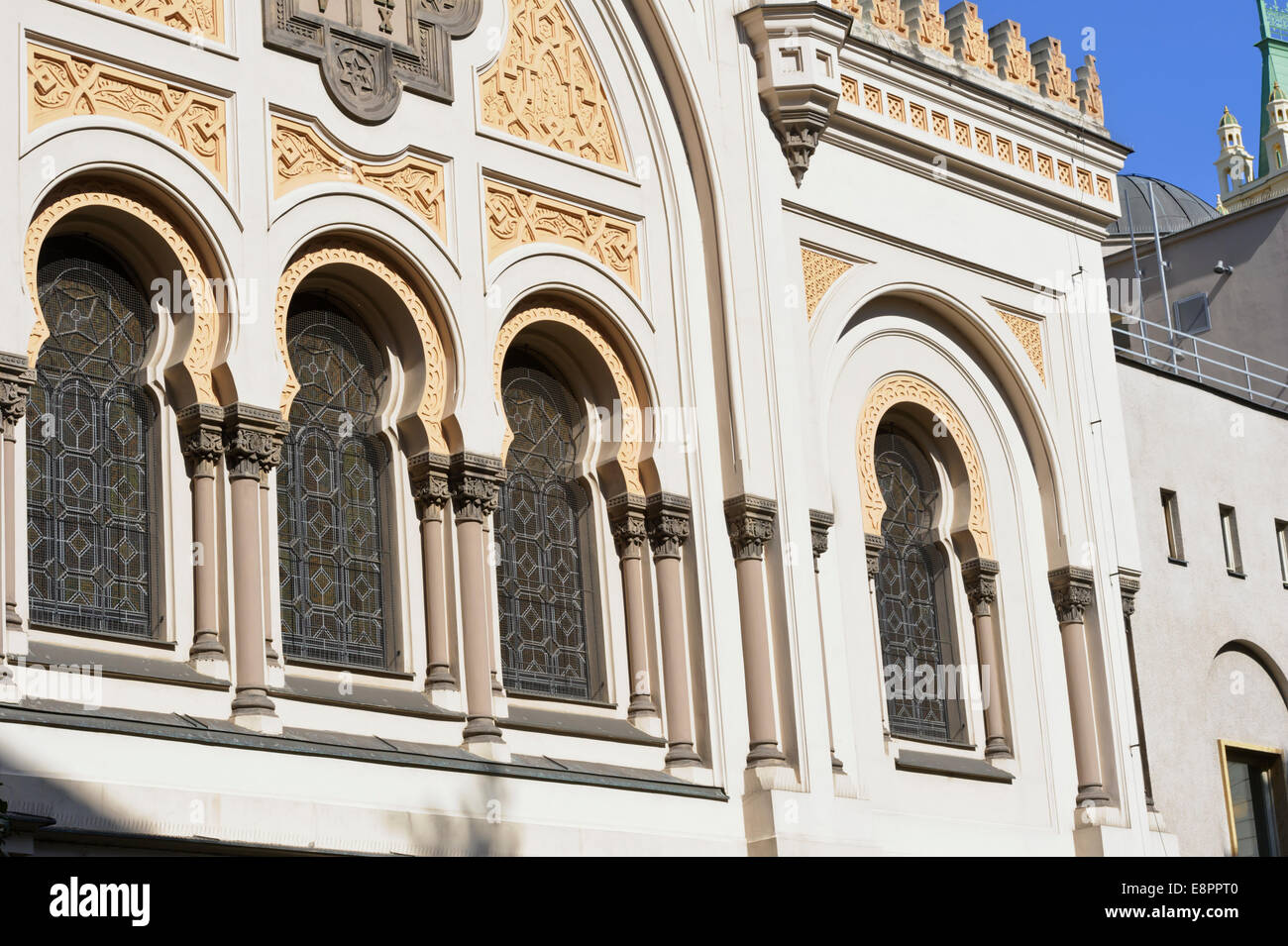 The exterior of the Moorish style of the Spanish synagogue with windows ...