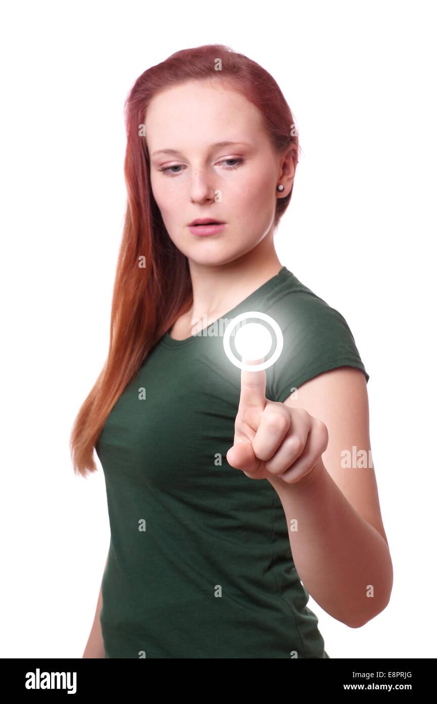 young woman pushing touch screen button Stock Photo - Alamy