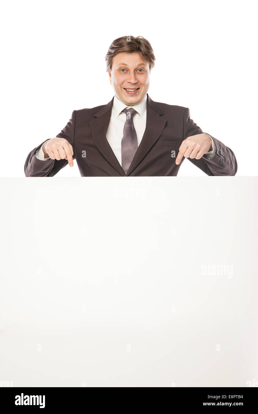 Business man holding empty board and pointing Stock Photo - Alamy