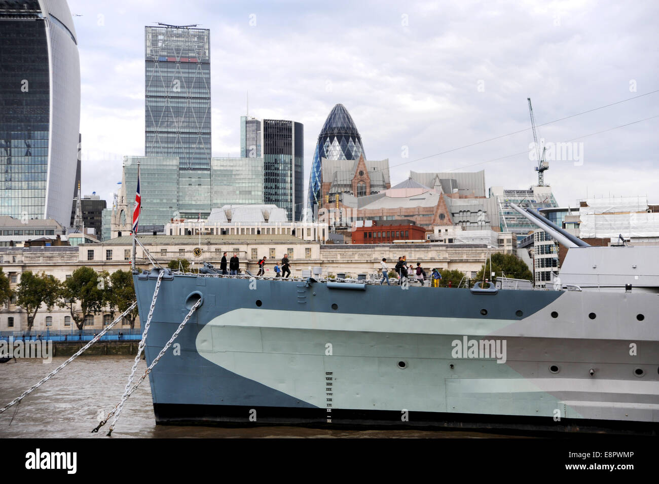London Southwark UK - HMS belfast WW2 ship moored on the River Thames ...