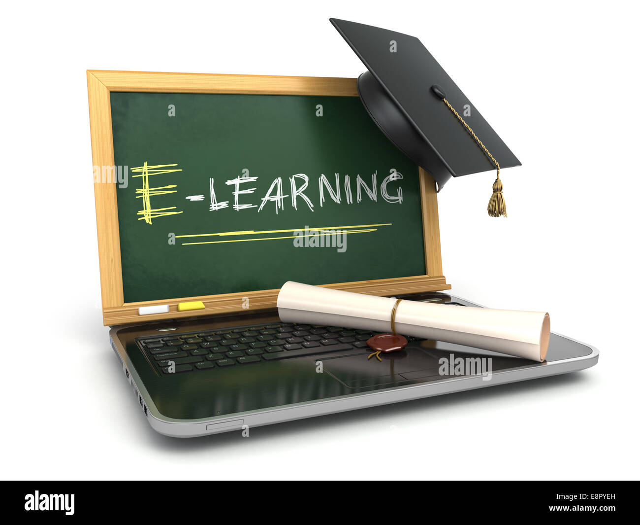 E-laerning education concept. Laptop with chalkboard, mortar board and ...