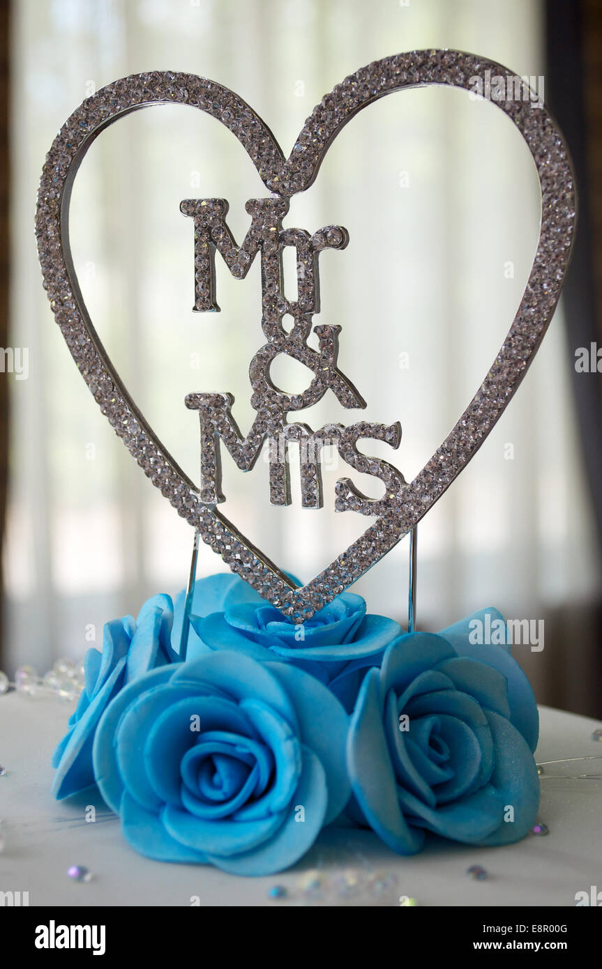 Mr and Mrs cake decoration sitting on top of a blue and white wedding ...